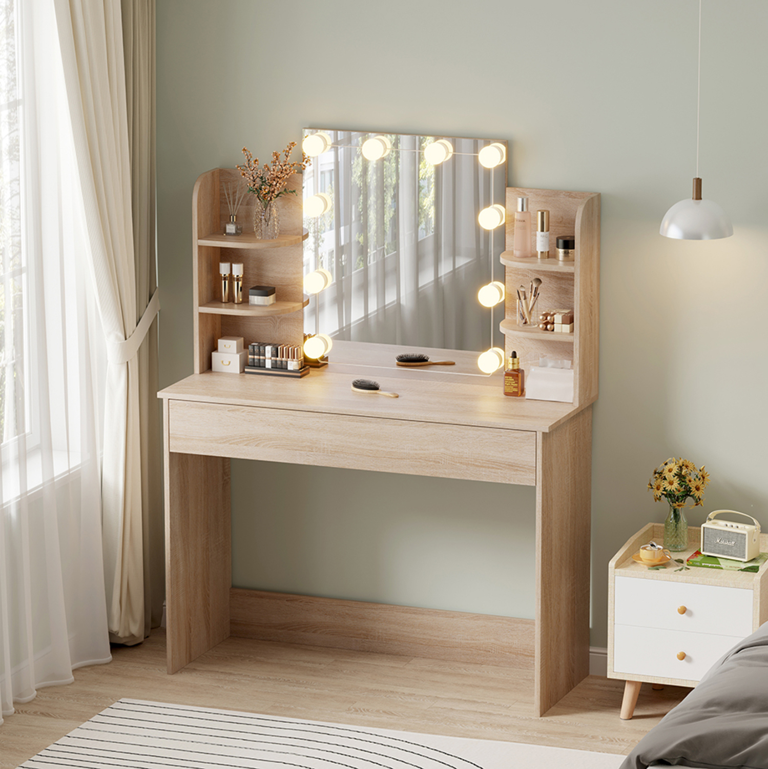 DRESSING TABLE WITH LED LIGHTS-SHELVES-DRAWERS LAURYN HM2502.01 SONAMA ...