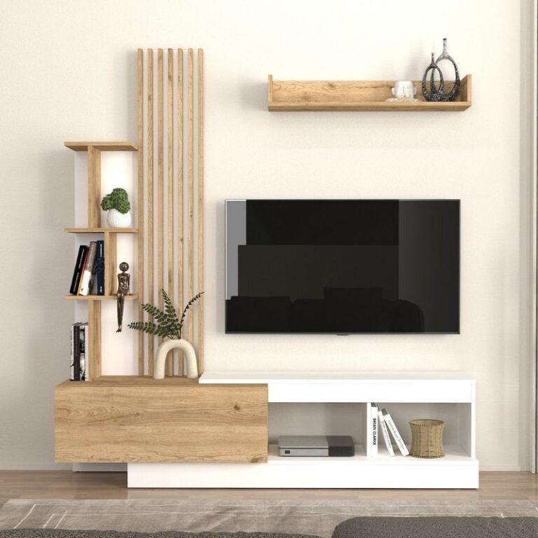 Vermont Megapap melamine tv unit in white - sepet oak color 180x40x193 ...