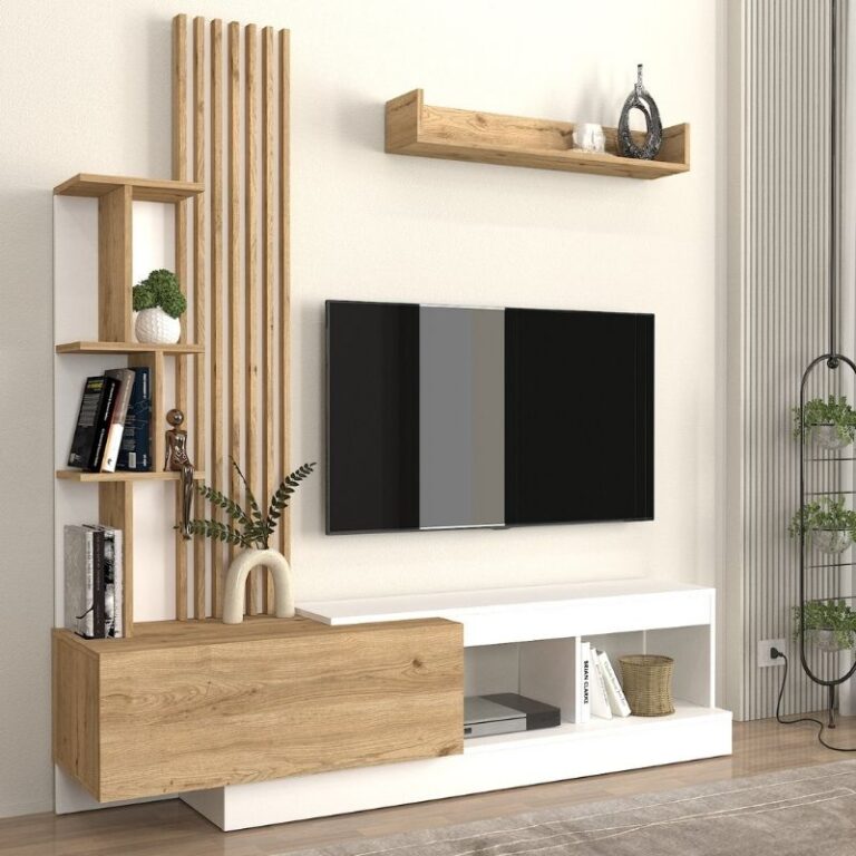 Vermont Megapap melamine tv unit in white - sepet oak color 180x40x193 ...