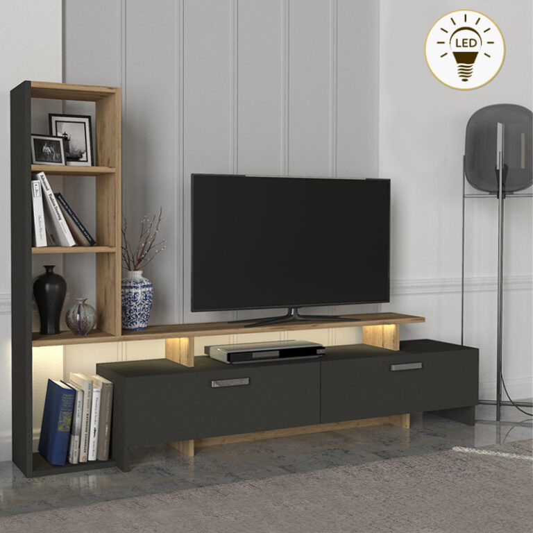 Simal Megapap melamine TV unit with LED in anthracite - sepet oak color ...