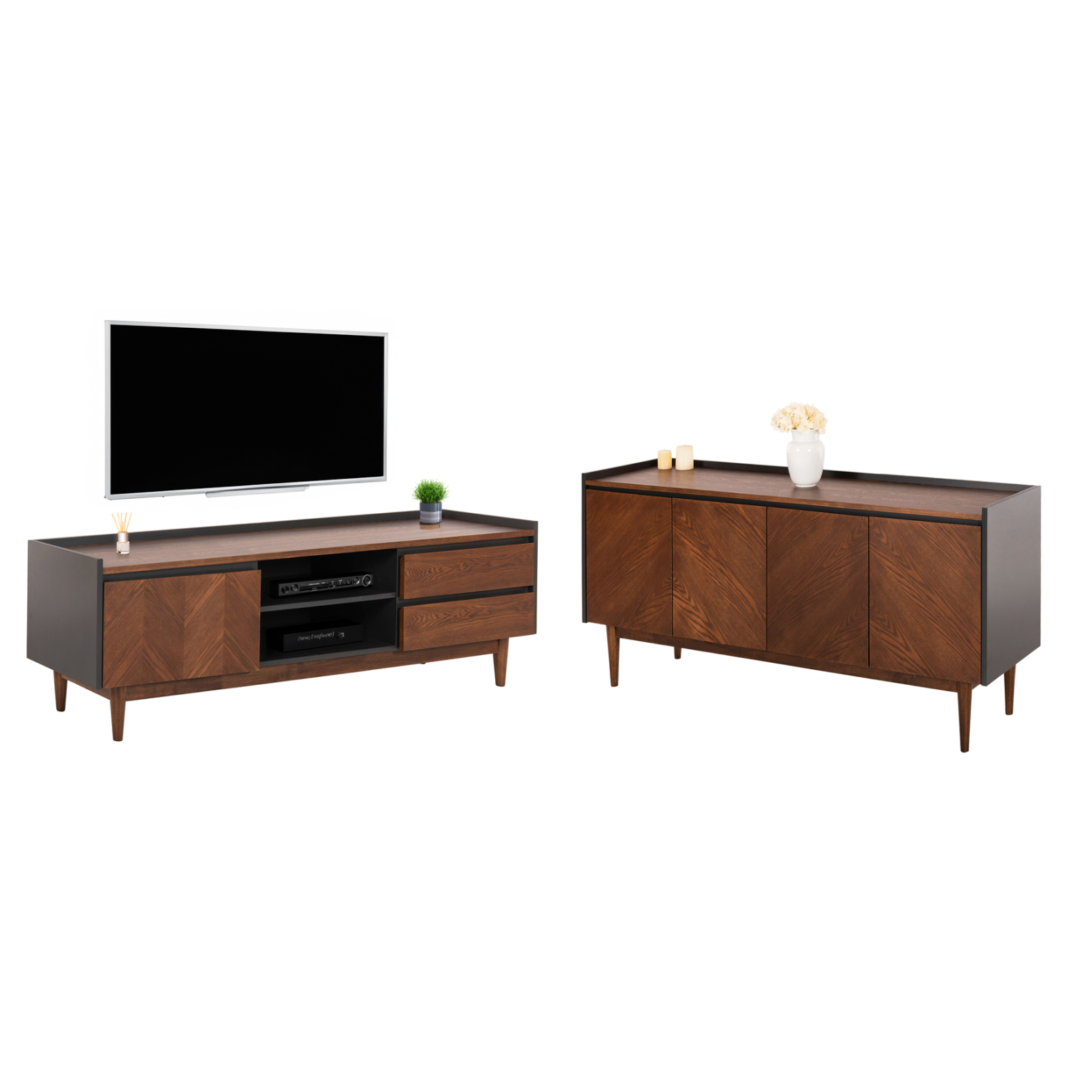 SET 2PCS SIDEBOARD & TV STAND BEEN HM21344 MDF WITH WALNUT WOOD VENEER ...